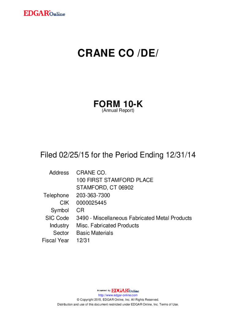 Fillable Online CRANE CO /DE/. FORM 10-K (Annual Report) Filed 02/25/15 for the Period Ending 12 ...