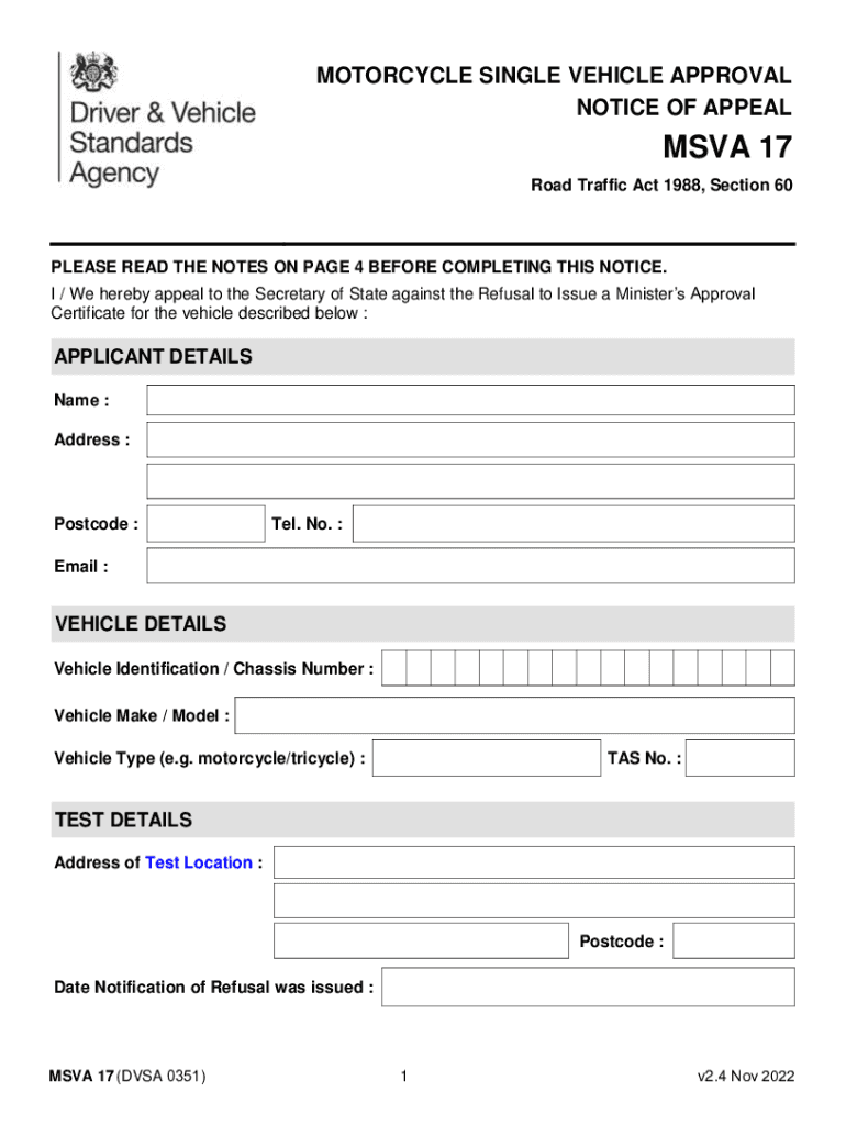 Fillable Online MOTORCYCLE SINGLE VEHICLE APPROVAL NOTICE OF APPEAL ...