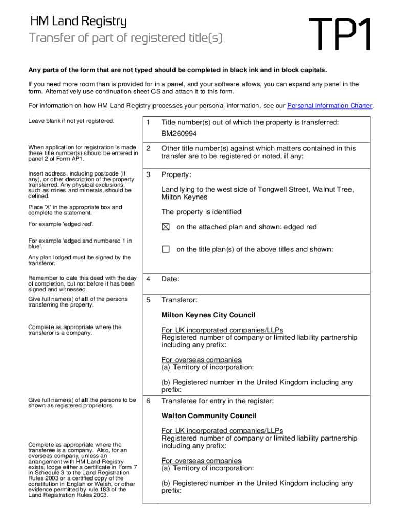 Fillable Online waltoncommunitycouncil gov HM Land Registry - Transfer ...