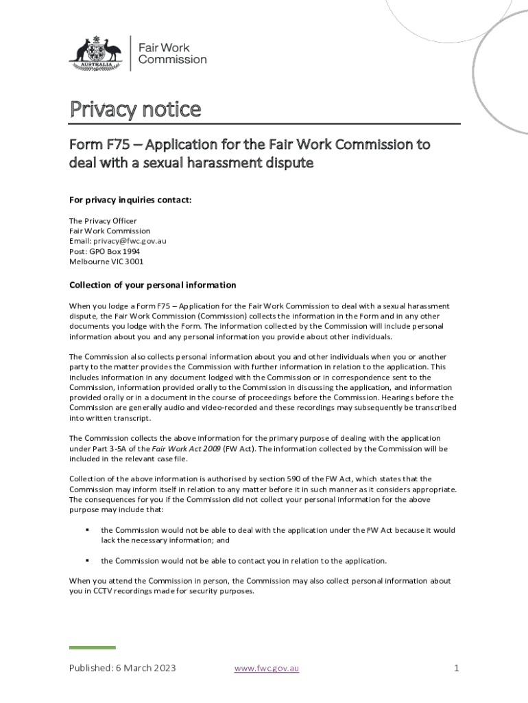 Fillable Online Privacy Notice - Form F75Application for the Fair Work ...
