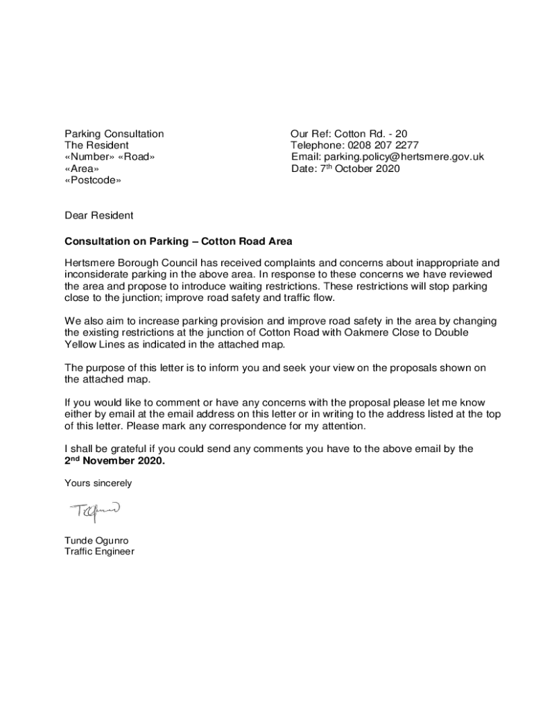 Fillable Online Cotton Road initial Consultation Letter to Residents ...