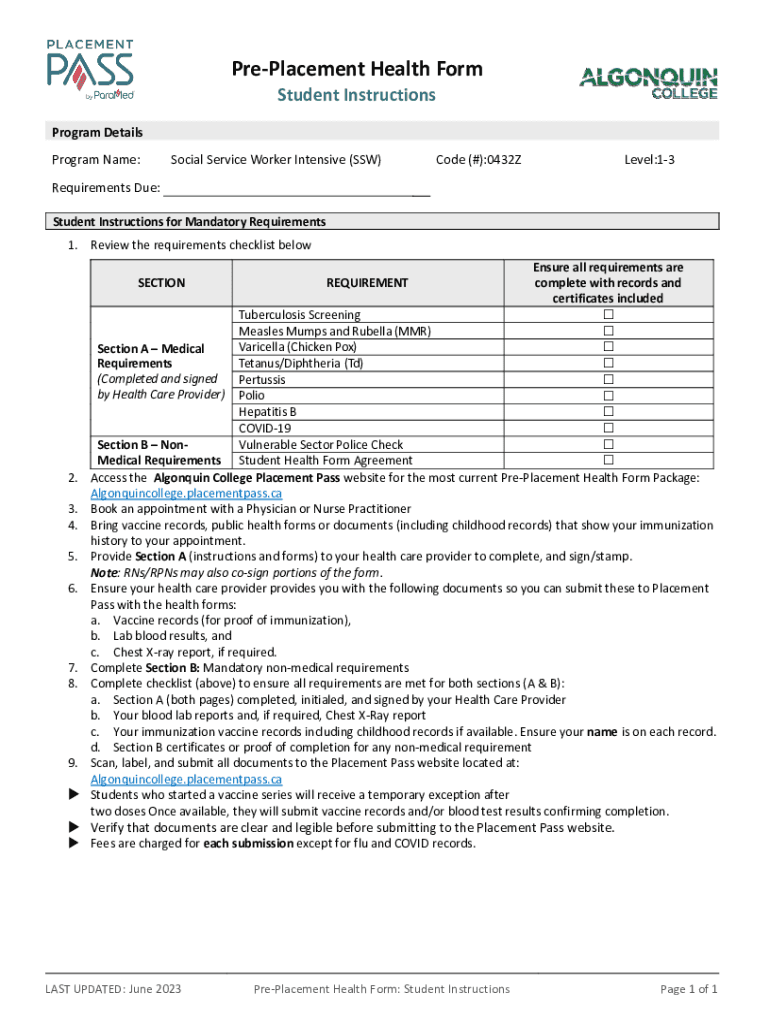 Fillable Online Pre-Placement Health Form Fax Email Print - pdfFiller