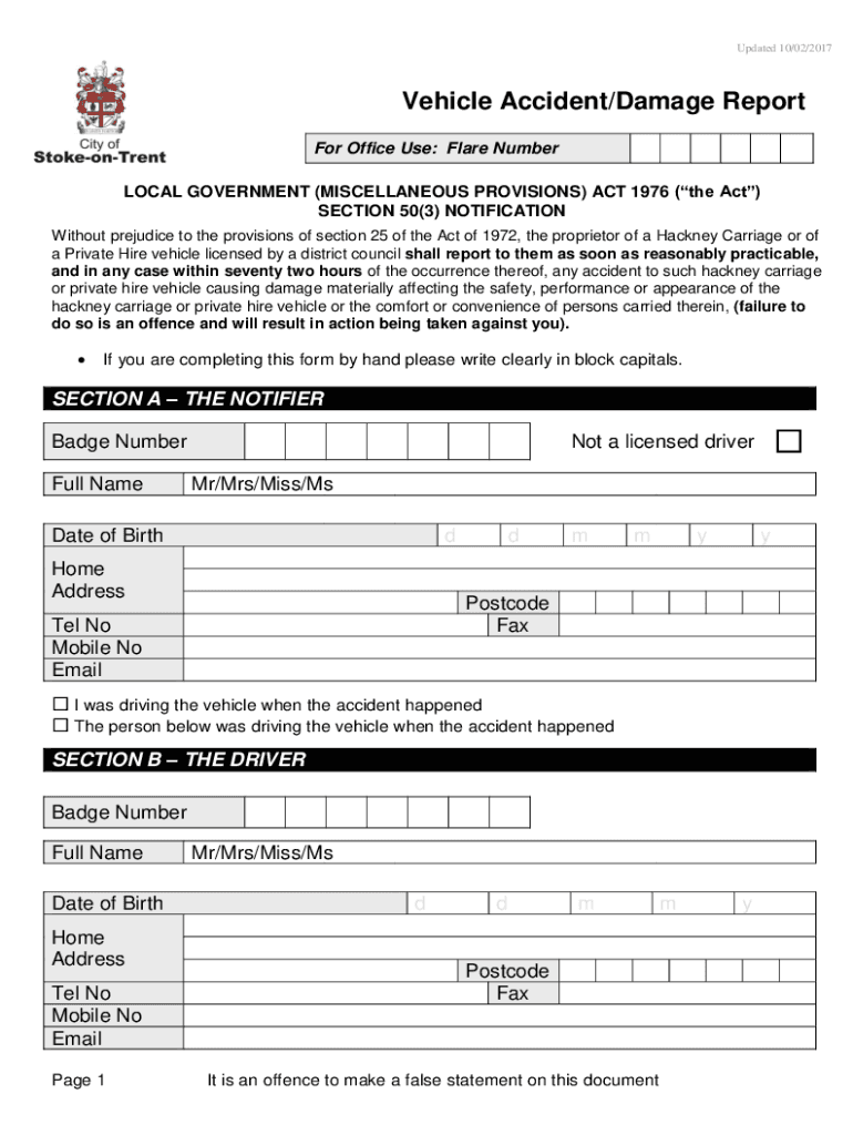 Fillable Online Vehicle Accident/Damage Report - Stoke-on-Trent Fax ...