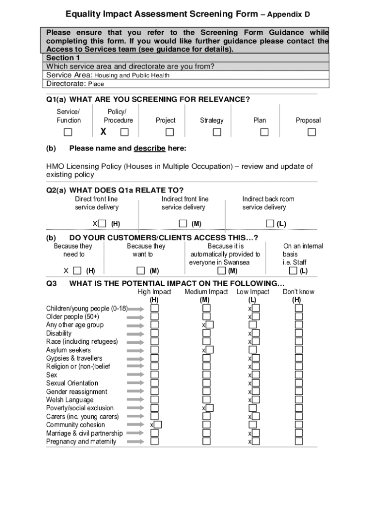 Fillable Online democracy swansea gov Appendix D Equality Impact Assessment Screening Form Fax ...