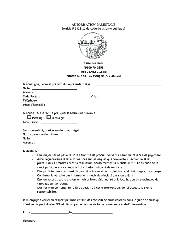 Remplissable En Ligne AUTORISATION PARENTALE (Article R 1311-11 du code ...