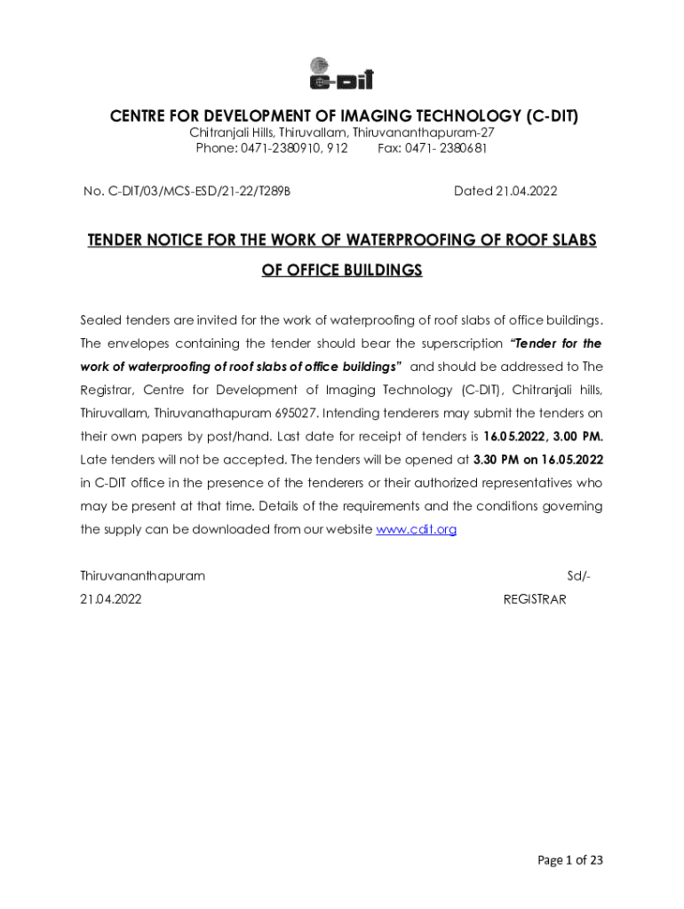 Fillable Online Tender Notice for the work of waterproofing of roof slabs of ... Fax Email Print ...