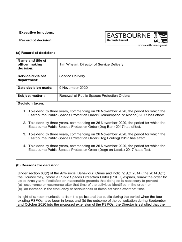 Fillable Online WEB VERSION - PSPO Officer delegated decision form (EBC ...