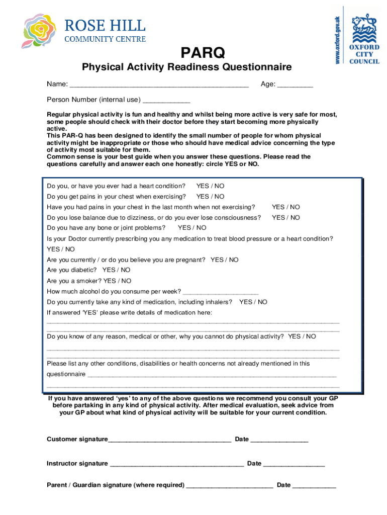Fillable Online Physical Activity Readiness Questionaire - PARQ Fax ...