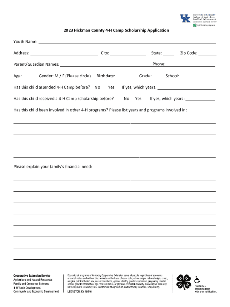 Fillable Online hickman ca uky 2023 Hickman County 4-H Camp Scholarship Application Fax Email ...