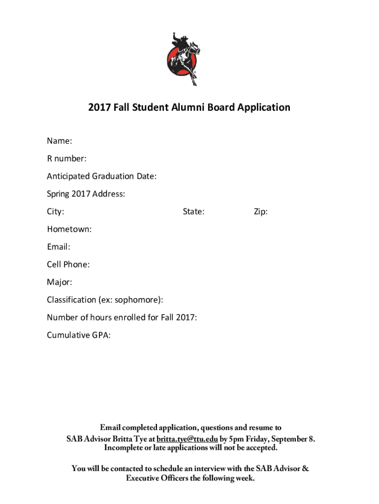 Fillable Online 2017 Spring Student Alumni Board Application Fax Email ...