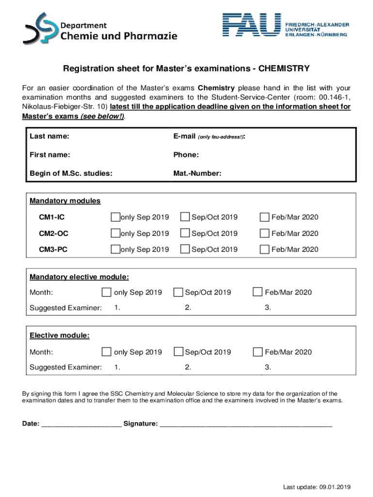 Fillable Online Registration sheet for Master's examinations ...