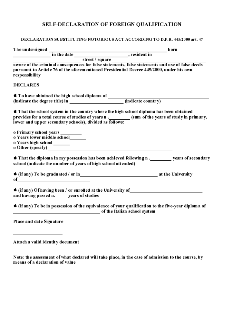 Fillable Online SELF-DECLARATION MADE PURSUANT TO ART. 46 ... Fax Email Print - pdfFiller