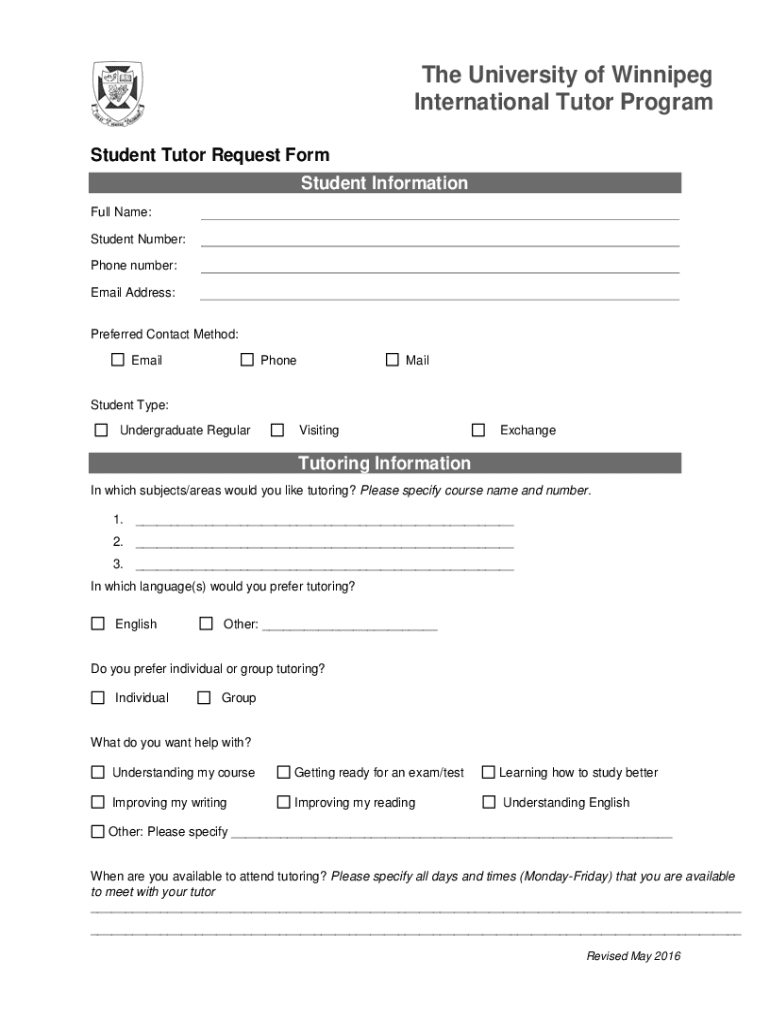 Fillable Online Student Tutor Request Form - University of Winnipeg Fax Email Print - pdfFiller