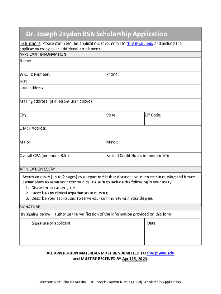 Fillable Online Dr. Joseph Zaydon BSN Scholarship Application Fax Email ...