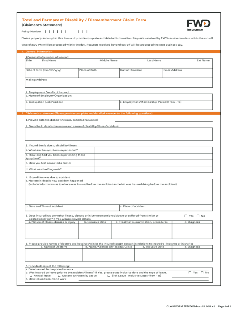 Fillable Online Total and Permanent Disability / Dismemberment Claim ...
