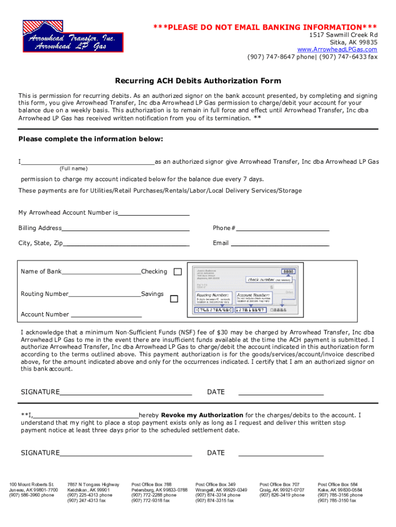 Fillable Online Recurring ACH Debit Authorization Form Template. Recurring ACH Debit ...