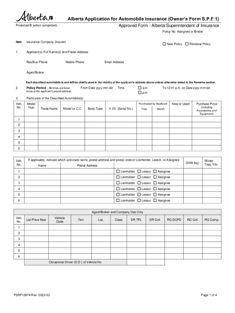 Fillable Online Alberta Application for Automobile Insurance (Owner's ...
