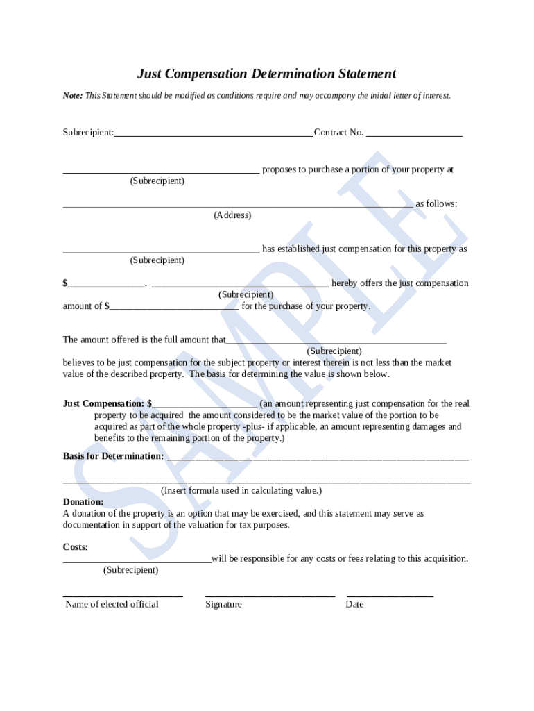 SAMPLE Just Compensation Determination Statement Doc Template | pdfFiller