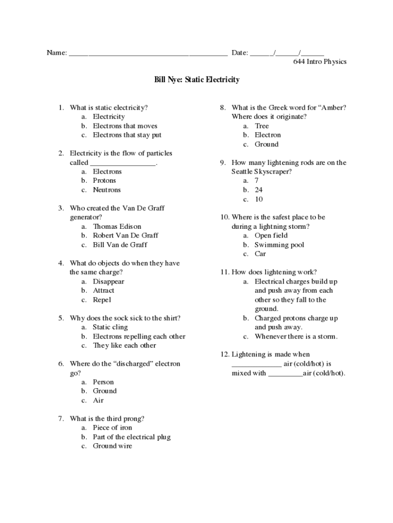 Fillable Online Bill nye electricity worksheet - Name: Date ... Fax ...