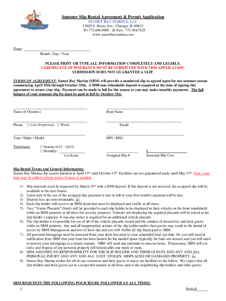 Fillable Online Summer Rental Agreement FormCT marinas boat slips ...