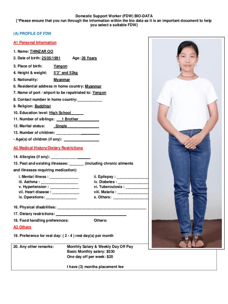 Fillable Online Bio Data Of Foreign Domestic Worker Fdw - Fill Online ...