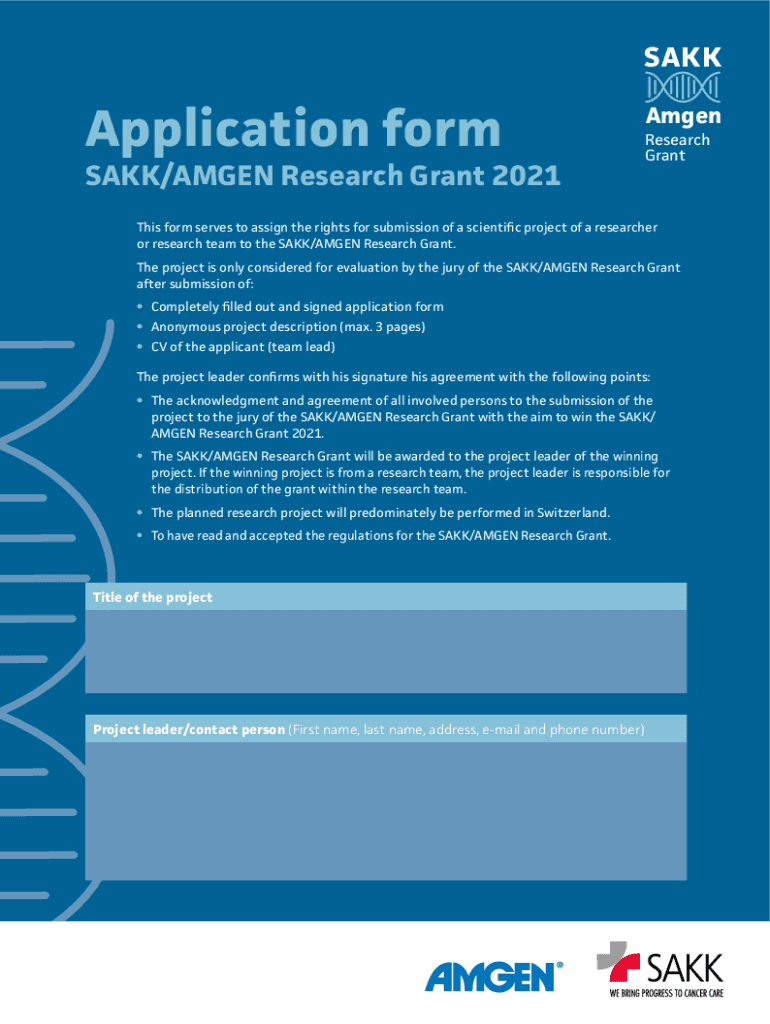 Fillable Online SAKK/AMGEN Research Grant 2021 - Application form Fax ...