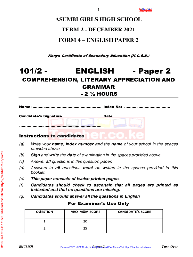 Fillable Online 101/2 - ENGLISH - Paper 2 Fax Email Print - pdfFiller