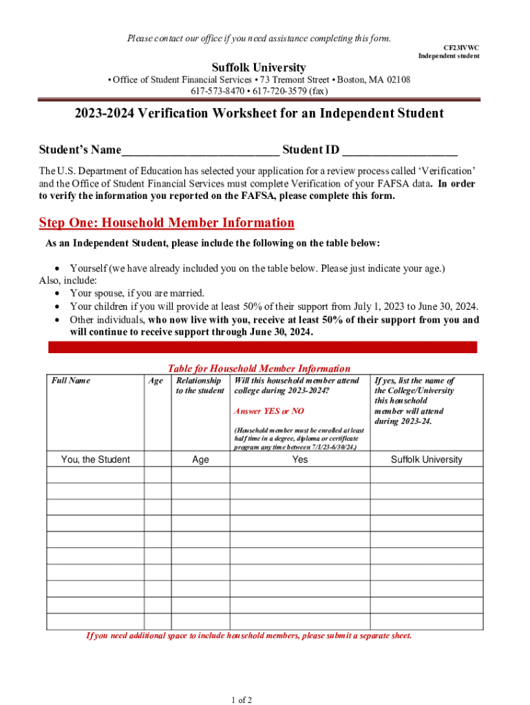 Fillable Online 2023-2024 Verification Worksheet for an Independent ...