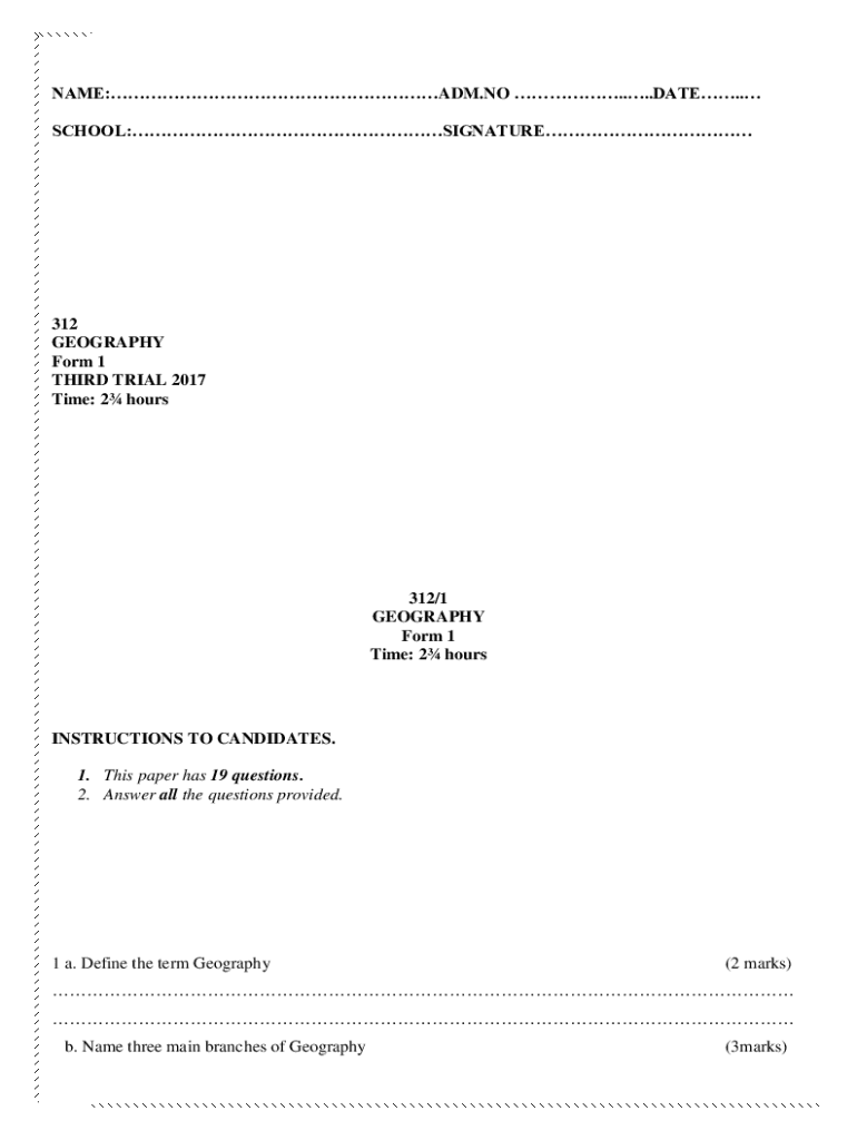 Fillable Online Zeraki - Geography Form 1 - Question Paper Fax Email ...