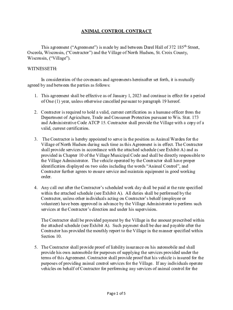 Fillable Online ANIMAL CONTROL CONTRACT This agreement ( ... Fax Email Print - pdfFiller