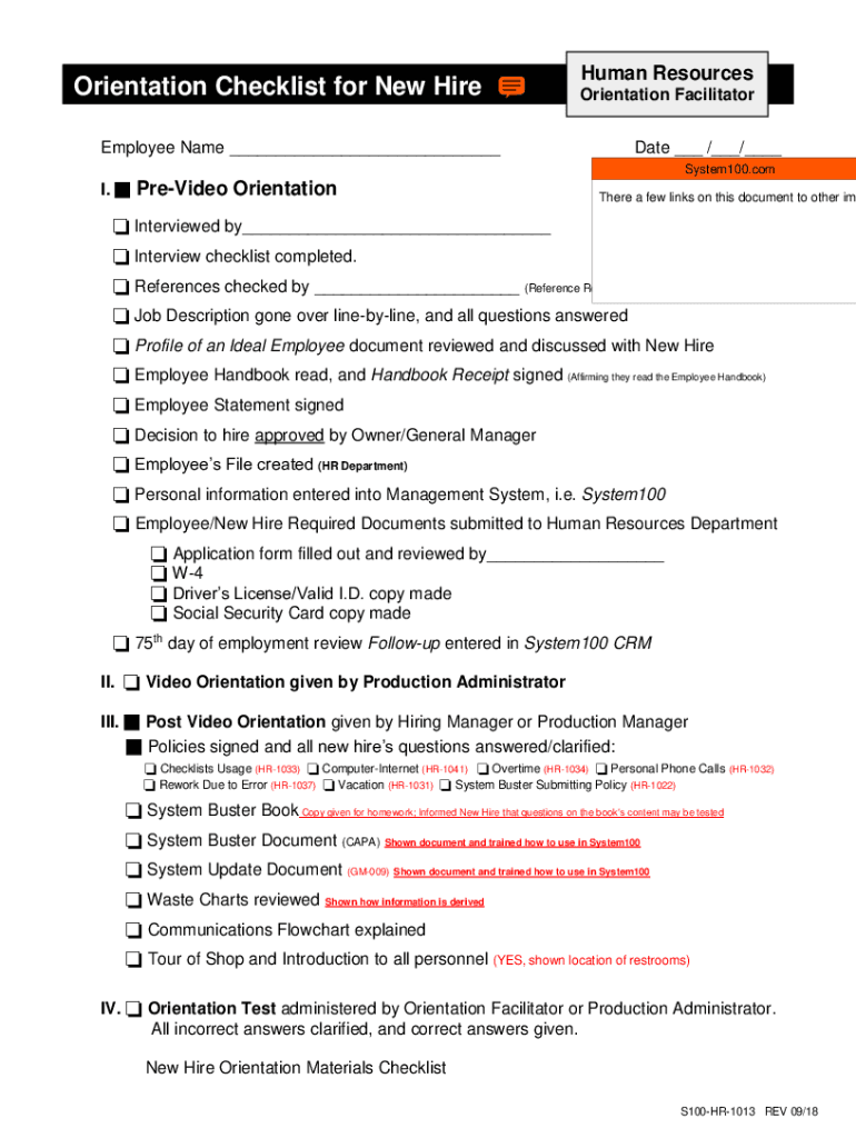 Fillable Online Orientation Checklist for New Hire Fax Email Print ...