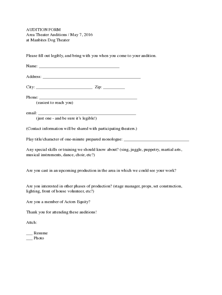 Fillable Online Be Theatre - Audition Form Fax Email Print - pdfFiller