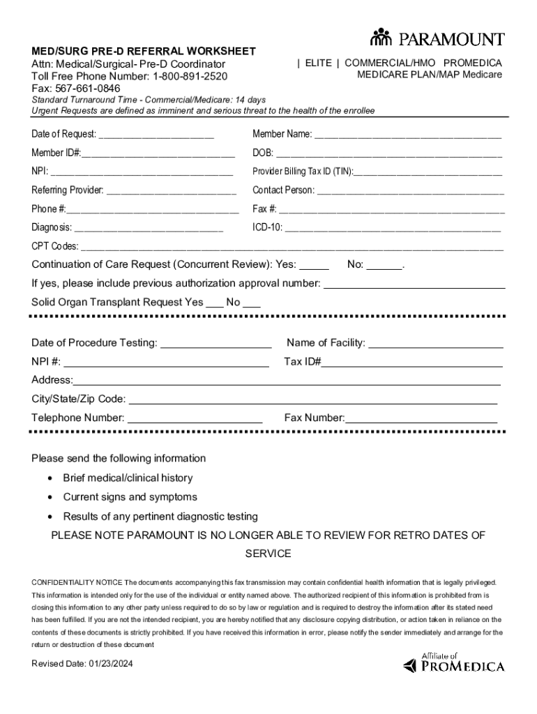 Fillable Online MED/SURG PRE-D REFERRAL WORKSHEET ... Fax Email Print ...