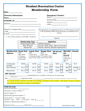 Fillable Online Recreation Center Membership Registration Form Fax ...