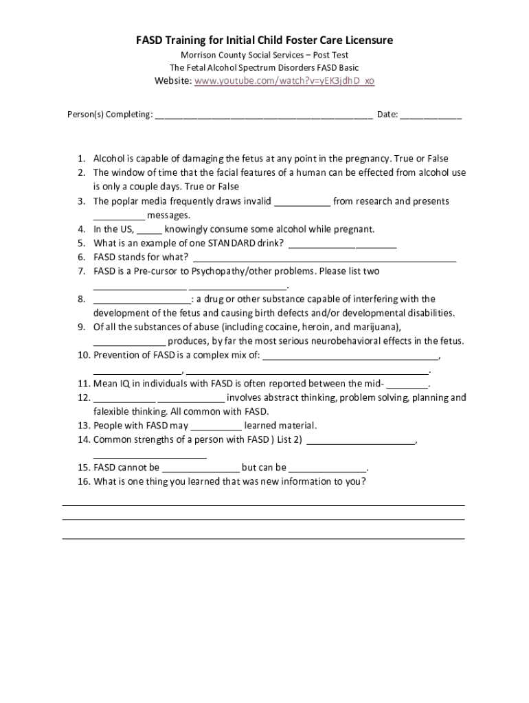 Fillable Online FASD Training for Initial Child Foster Care Licensure ...