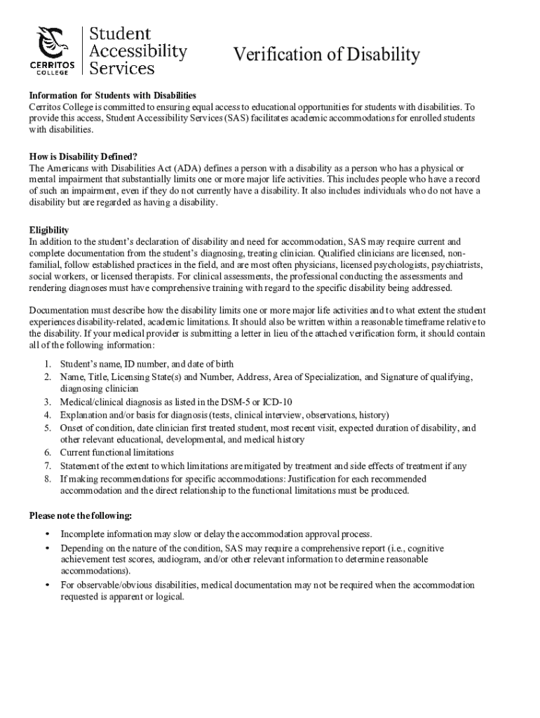 Fillable Online Cerritos College Student Accessibility Services ...