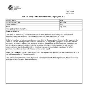 Fillable Online Form 2390-E ALF Life Safety Code Checklist for New ...