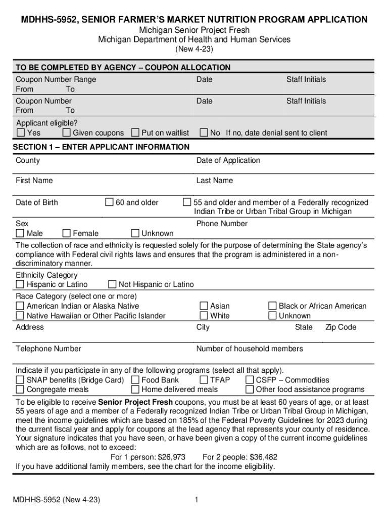 Fillable Online mdhhs-5952, senior farmer's market nutrition program ...