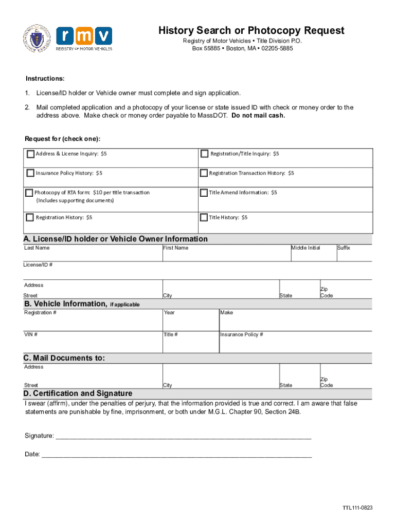 Fillable Online Request a RMV history search or photocopies Fax Email Print - pdfFiller