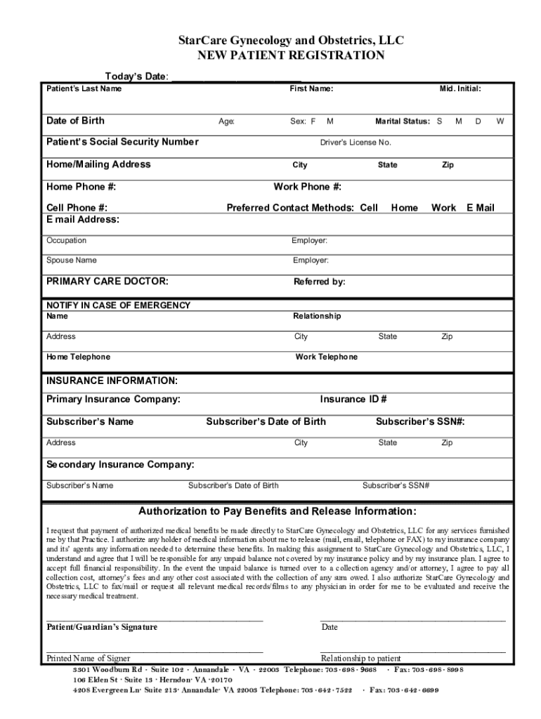 Fillable Online StarCare Gynecology and Obstetrics, LLC NEW PATIENT ...