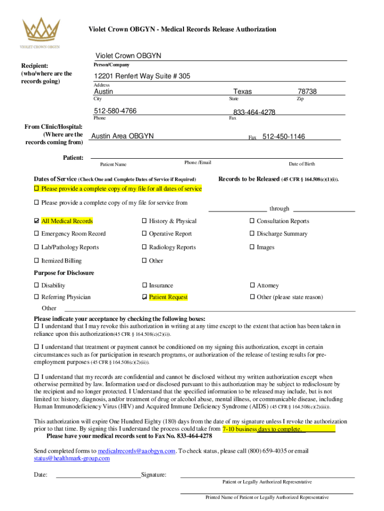 Fillable Online Medical Records Release Authorization Violet Crown ...