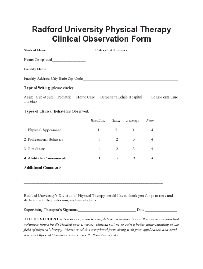 Fillable Online Department of Physical TherapyRadford University ...