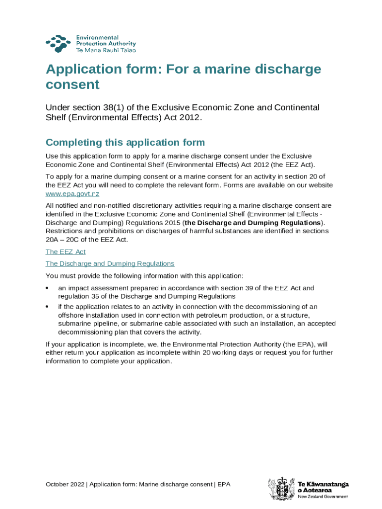 Application : For a marine discharge consent Doc Template | pdfFiller