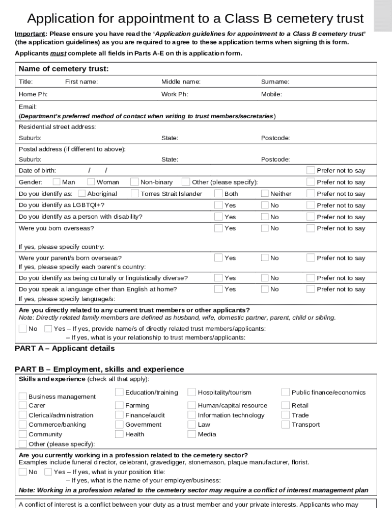 Application for appointment to a Class B cemetery trust Doc Template ...
