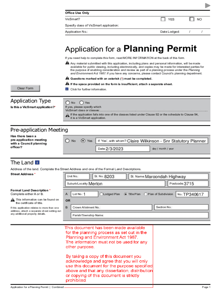 Fillable Online Planning Permit ApplicationMaroondah City Council Fax ...