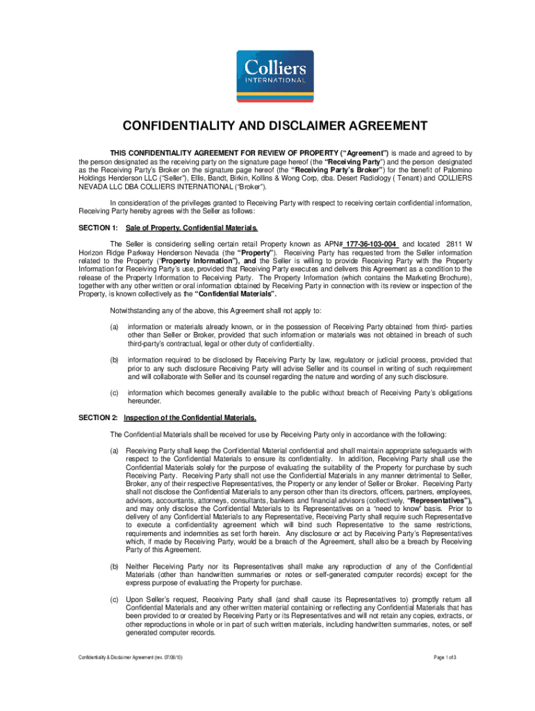 Fillable Online THIS CONFIDENTIALITY AGREEMENT FOR REVIEW OF PROPERTY ...
