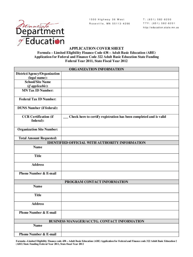 Fillable Online education mn APPLICATION SECTION - COVER SHEET PAGE ...