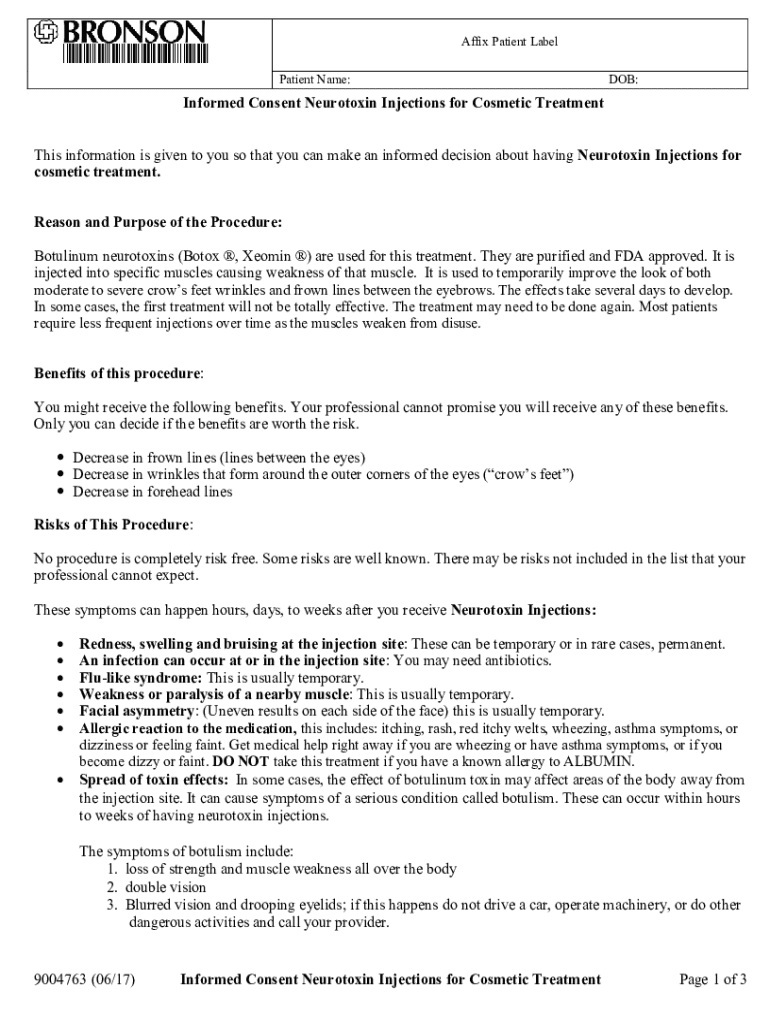 Fillable Online Informed Consent Neurotoxin Injections for Cosmetic Treatment Fax Email Print ...