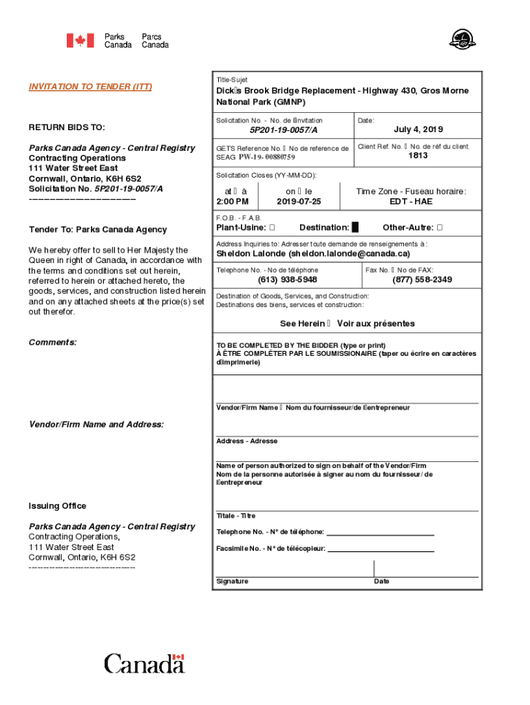 Fillable Online INVITATION TO TENDER (ITT) RETURN BIDS TO: Parks ... Fax Email Print - pdfFiller