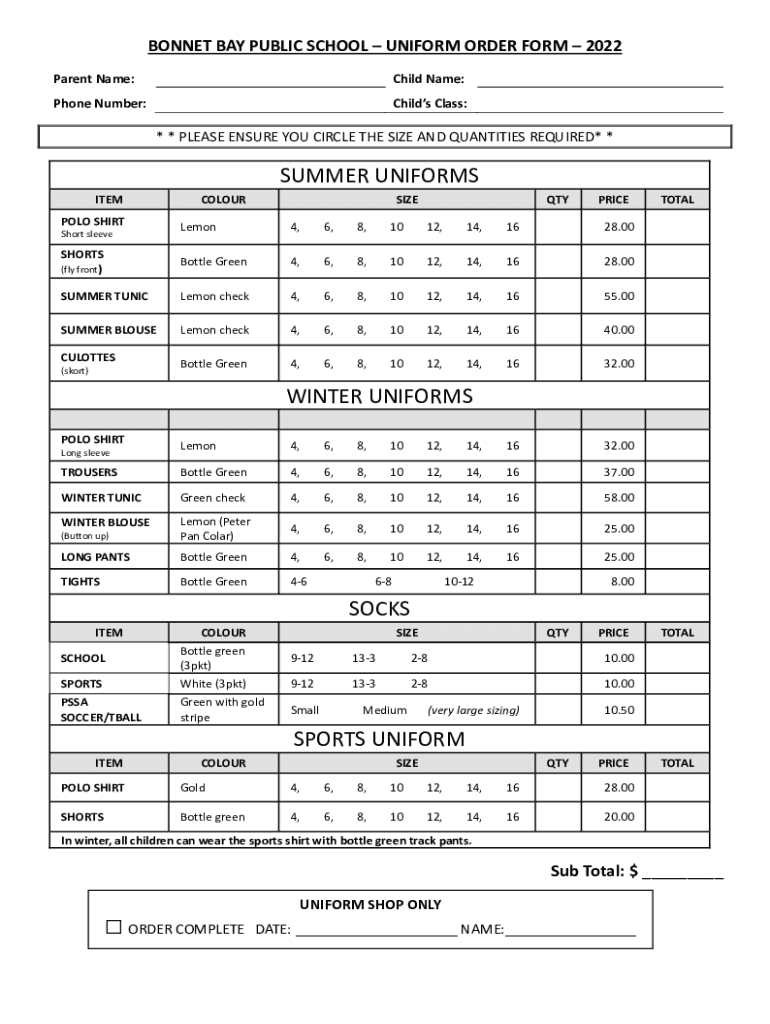 Fillable Online BONNET BAY PUBLIC SCHOOLUNIFORM ORDER FORM Fax Email ...